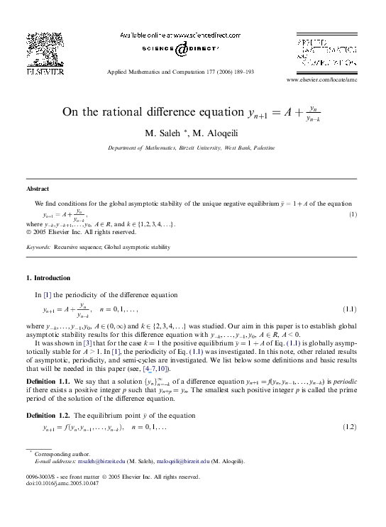 Pdf On The Rational Difference Equation