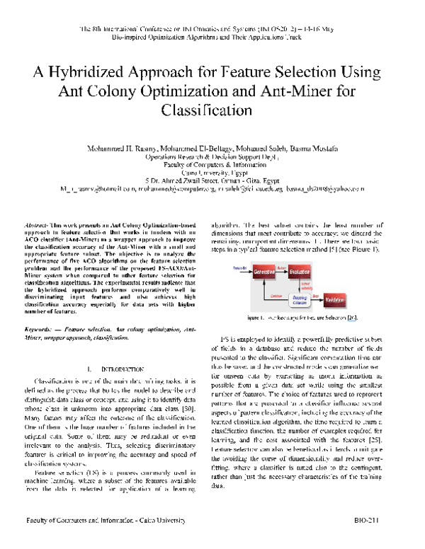 Pdf A Hybridized Approach For Feature Selection Using Ant Colony