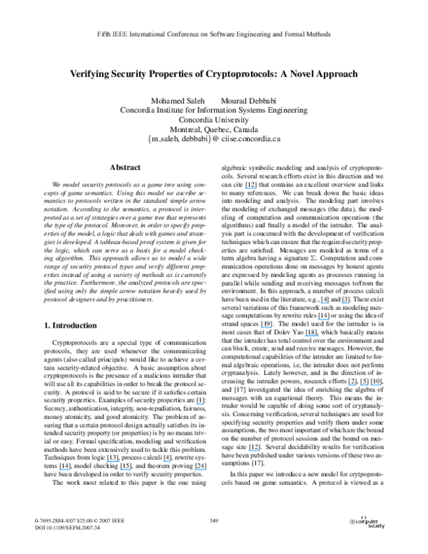 (PDF) Verifying Security Properties of Cryptoprotocols: A Novel Approach
