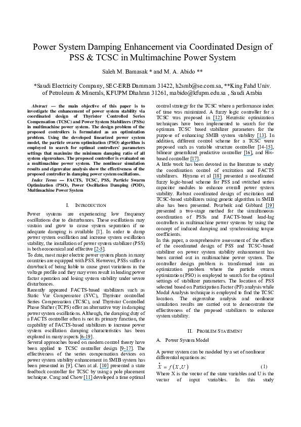 (PDF) Power system damping enhancement via coordinated design of PSS & TCSC in multimachine ...
