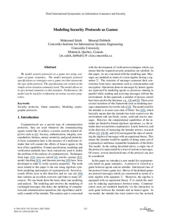 (PDF) Modeling Security Protocols as Games