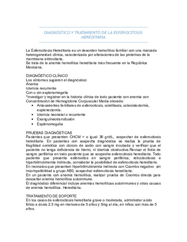 (DOC) DIAGNÓSTICO Y TRATAMIENTO DE LA ESFEROCITOSIS HEREDITARIA