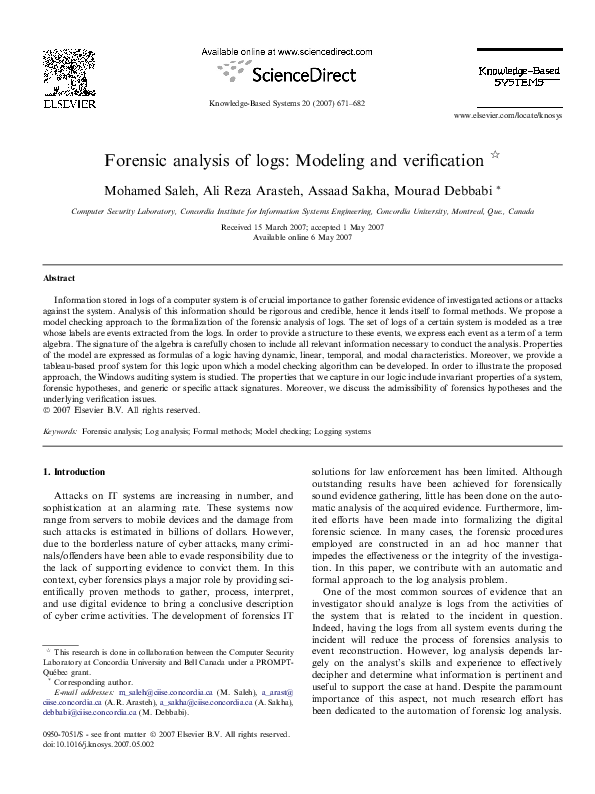 (PDF) Forensic analysis of logs: Modeling and verification