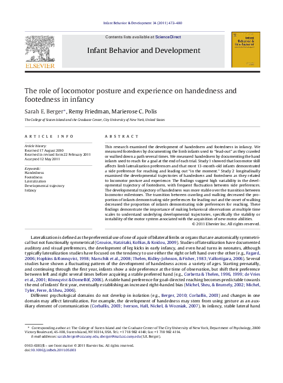 (PDF) The role of locomotor posture and experience on handedness and ...