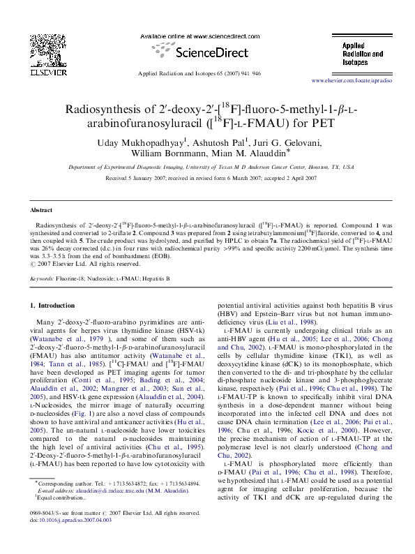 (PDF) Radiosynthesis of 2 / -deoxy -2 / -[18F ] -fluoro -5 -methyl -1-β ...