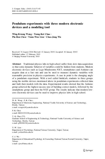 (PDF) Pendulum experiments with three modern electronic devices and a modeling tool
