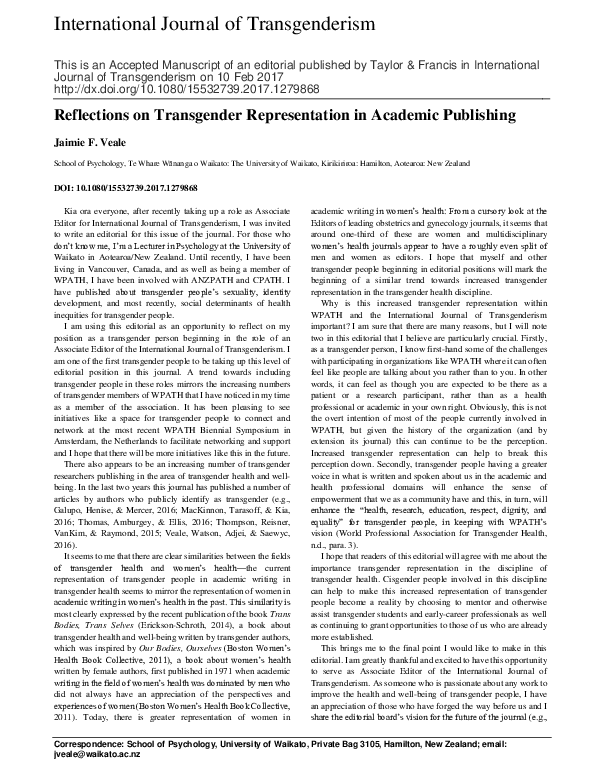 (PDF) Reflections on Transgender Representation in Academic Publishing