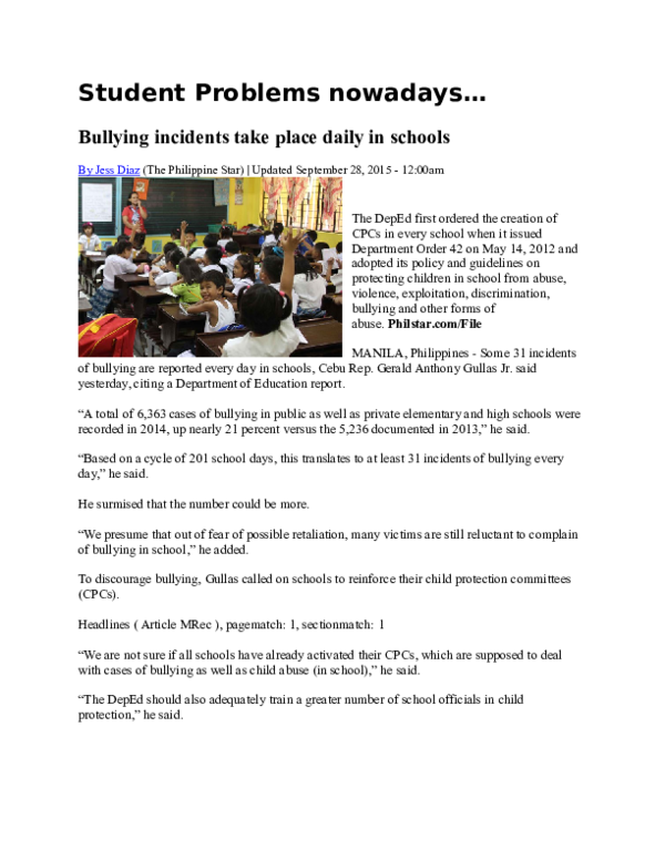 (DOC) Student Problems nowadays… Bullying incidents take place daily in ...