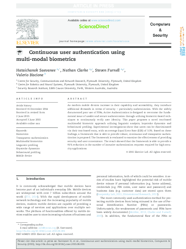 Pdf Continuous User Authentication Using Multi Modal Biometrics