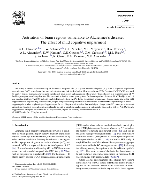 (PDF) Activation of brain regions vulnerable to Alzheimer's disease ...