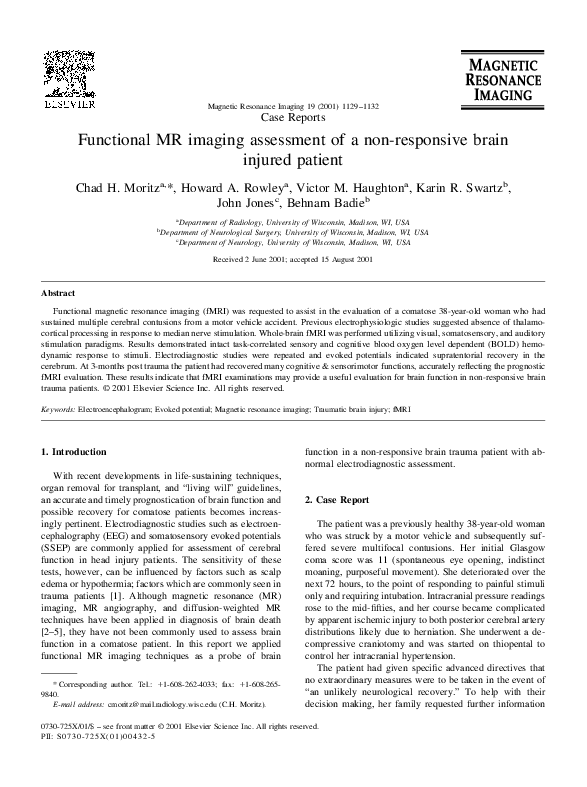 (PDF) Functional MR imaging assessment of a non-responsive brain injured patient