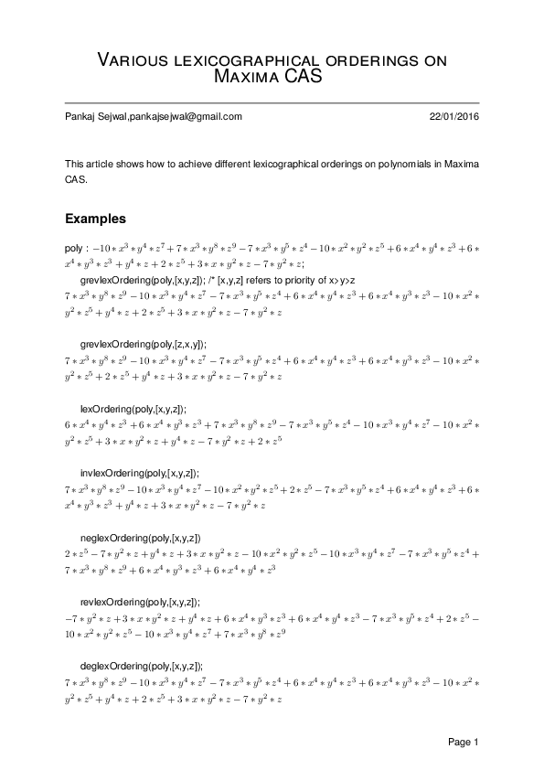 Lexicographical Orderings on Maxima CAS