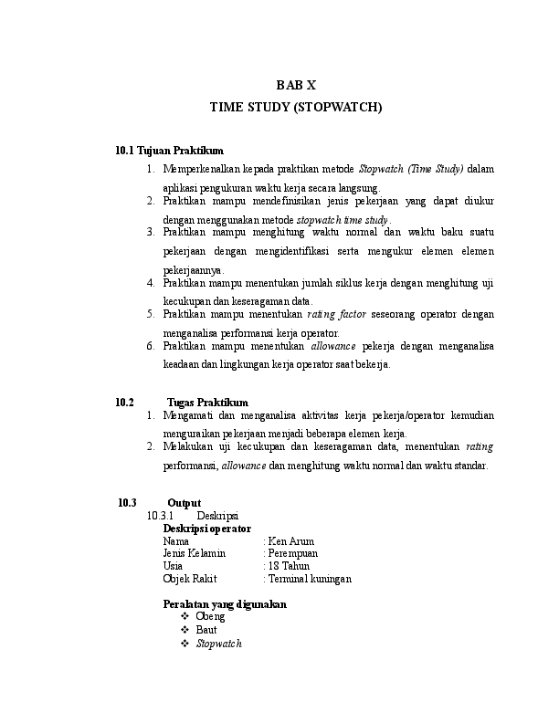 (DOC) BAB X TIME STUDY (STOPWATCH) 10.1 Tujuan Praktikum