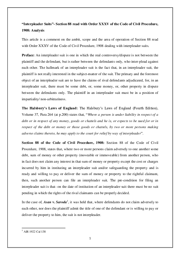 (PDF) " Interpleader Suits " -Section 88 read with Order XXXV of the Code of Civil Procedure ...