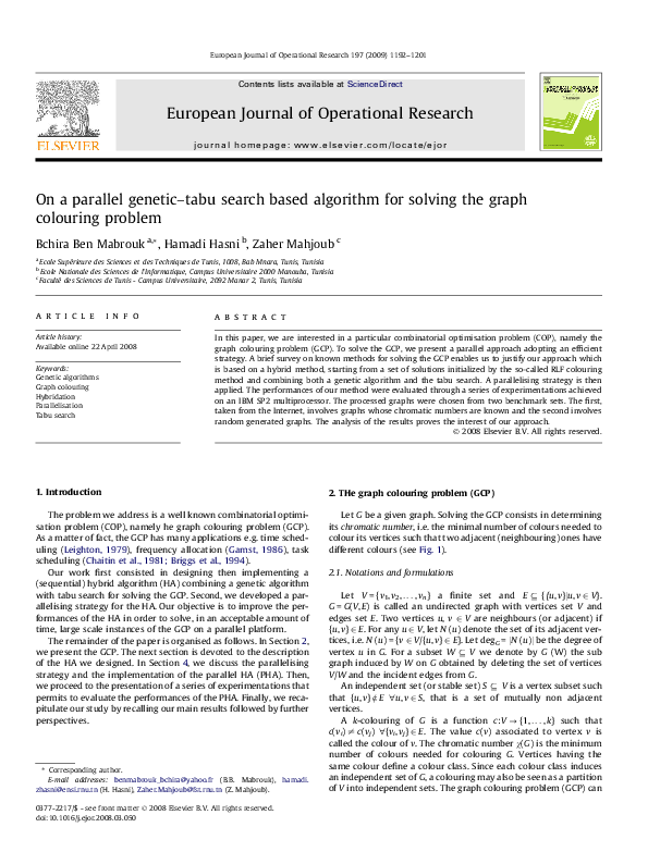 (PDF) On a parallel genetic-tabu search based algorithm for solving the graph colouring problem