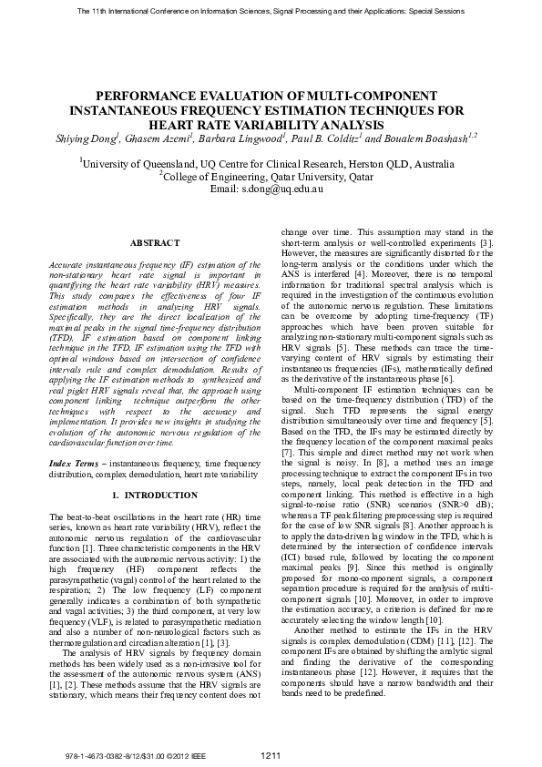 Pdf Performance Evaluation Of Multi Component Instantaneous Frequency Estimation Techniques