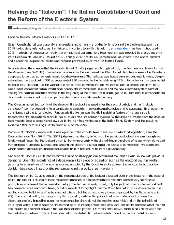 (PDF) Halving the "Italicum": The Italian Constitutional Court and the ...