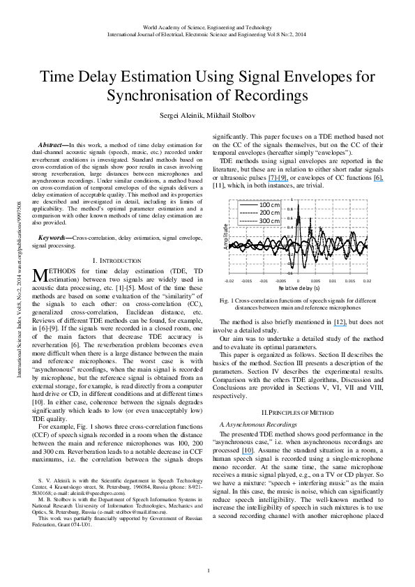 Pdf Time Delay Estimation Using Signal Envelopes For Synchronisation