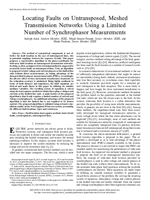 (PDF) Locating Faults on Untransposed, Meshed Transmission Networks Using a Limited Number of ...