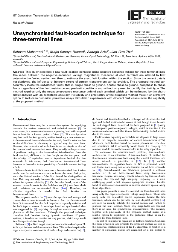 (PDF) A new unsynchronized fault-location technique for three-terminal lines