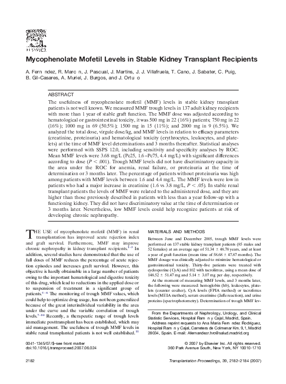 (PDF) Mycophenolate Mofetil Levels in Stable Kidney Transplant Recipients