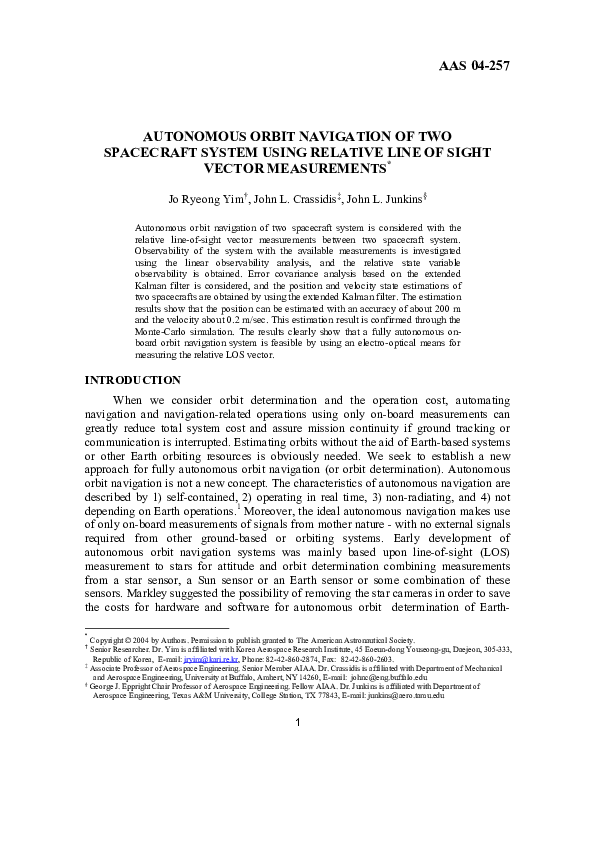 Pdf Autonomous Orbit Navigation Of Two Spacecraft System Using Relative Line Of Sight Vector