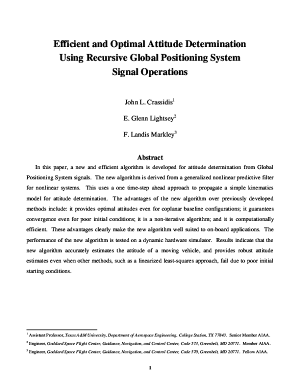 Pdf Efficient And Optimal Attitude Determination Using Recursive Global Positioning System