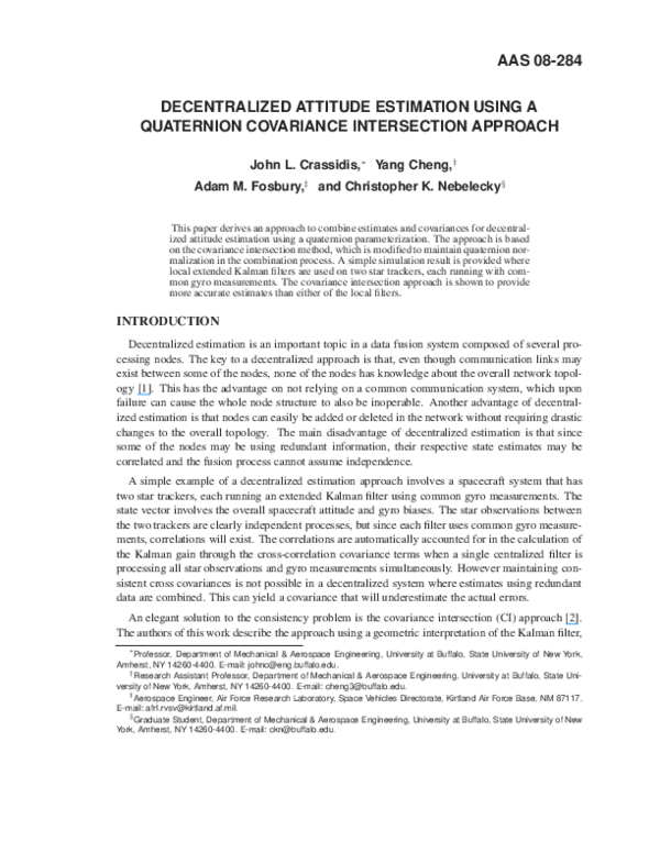 Pdf Decentralized Attitude Estimation Using A Quaternion Covariance