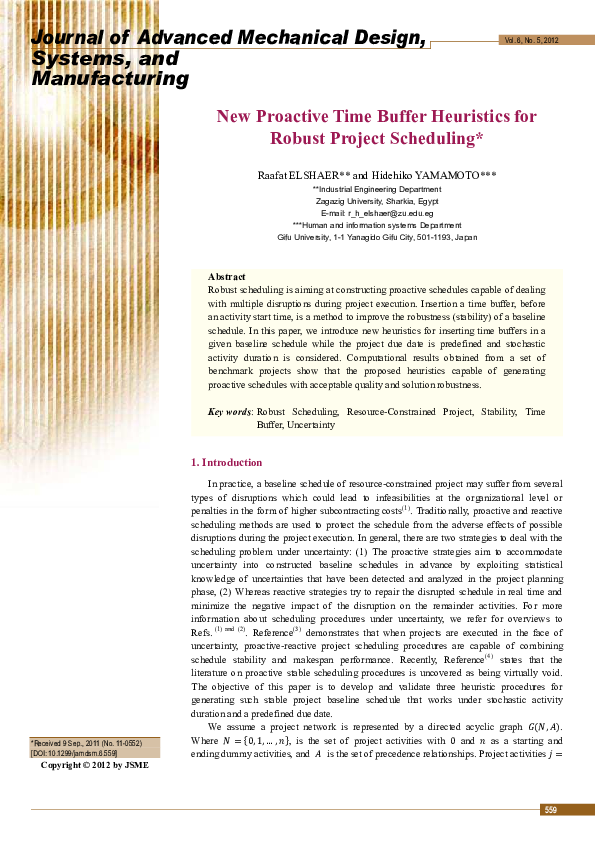 Pdf New Proactive Time Buffer Heuristics For Robust Project Scheduling Raafat Elshaer