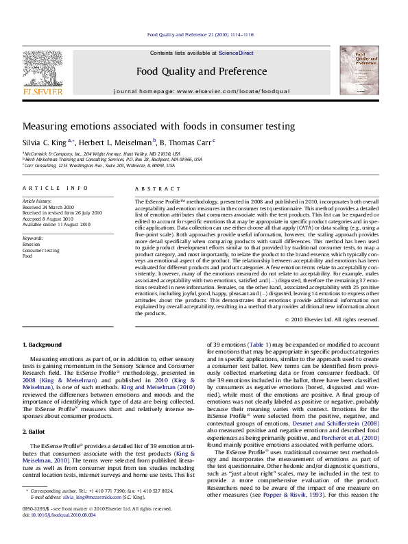 (PDF) Measuring emotions associated with foods in consumer testing