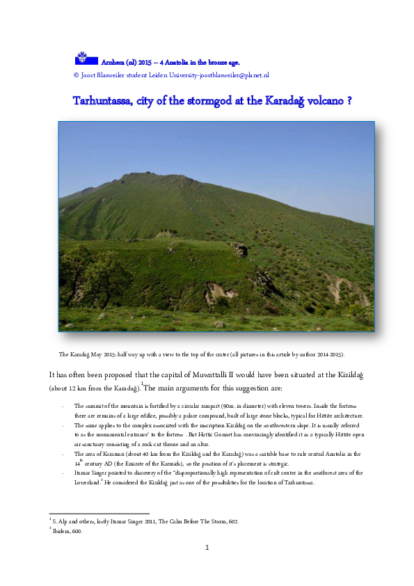 (PDF) Tarhuntassa, city of the stormgod at the Karadaǧ volcano