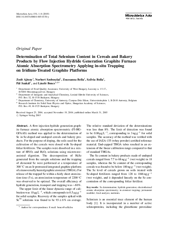 Pdf Determination Of Total Selenium Content In Cereals And Bakery Products By Flow Injection