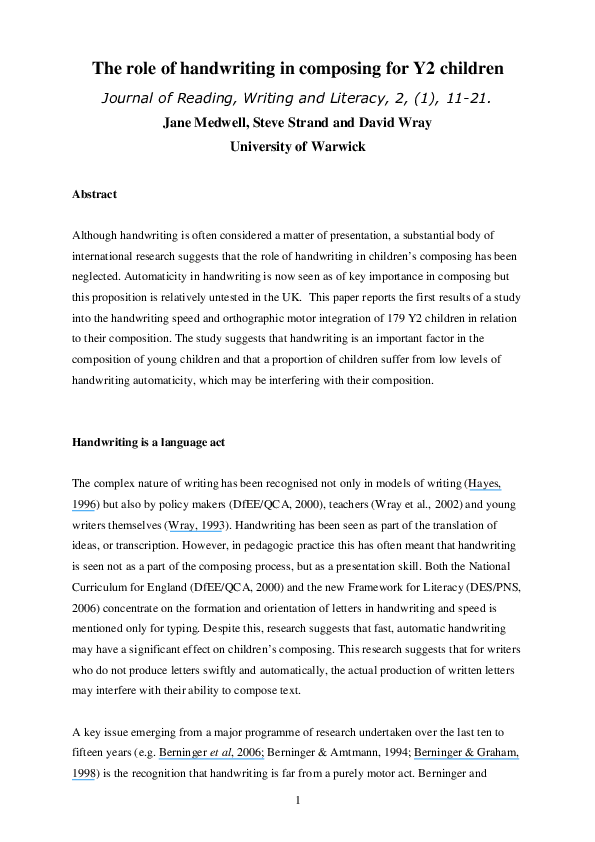 (PDF) The role of handwriting in composing for Y2 children