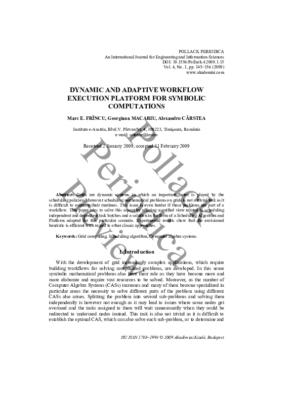 (PDF) Dynamic and adaptive workflow execution platform for symbolic computations | Alexandru ...