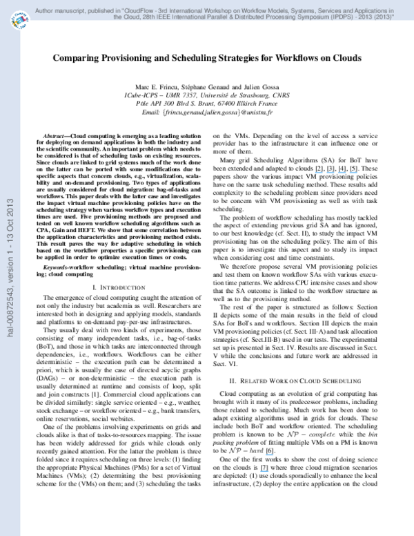 (PDF) Comparing Provisioning and Scheduling Strategies for Workflows on Clouds