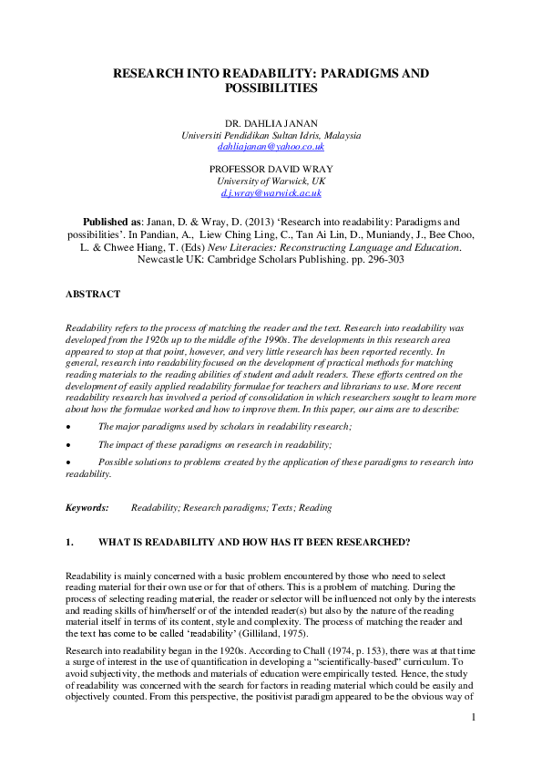 (PDF) Research Into Readability: Paradigms and Possibilities
