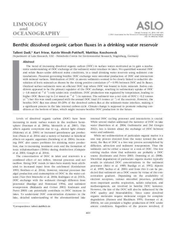(PDF) Benthic dissolved organic carbon fluxes in a drinking water reservoir