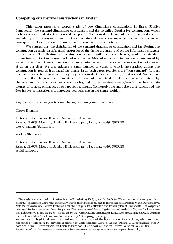 (PDF) Competing ditransitive constructions in Enets