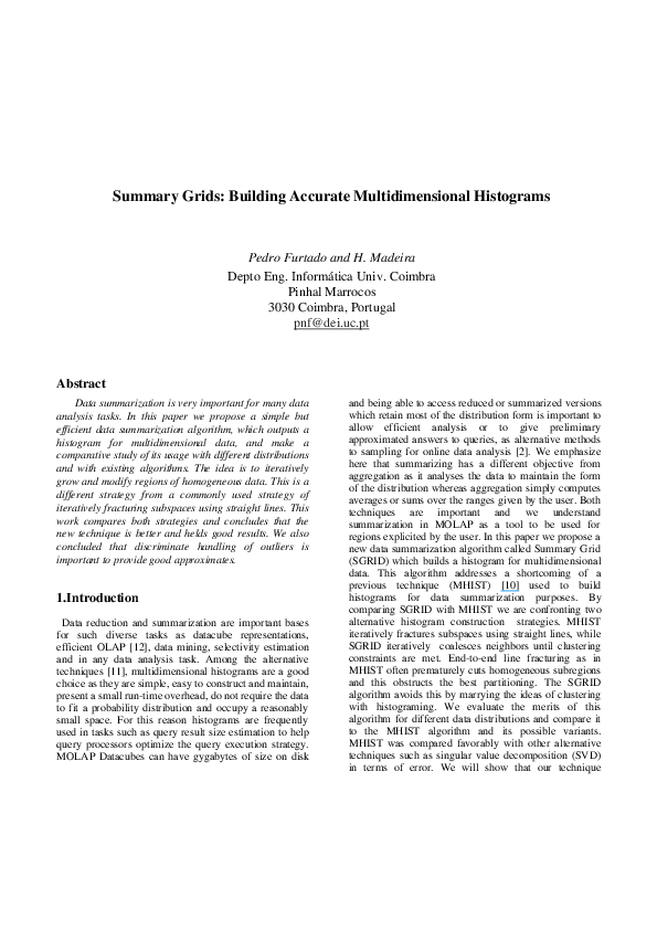 (PDF) Summary grids: Building accurate multidimensional histograms | Pedro Furtado - Academia.edu