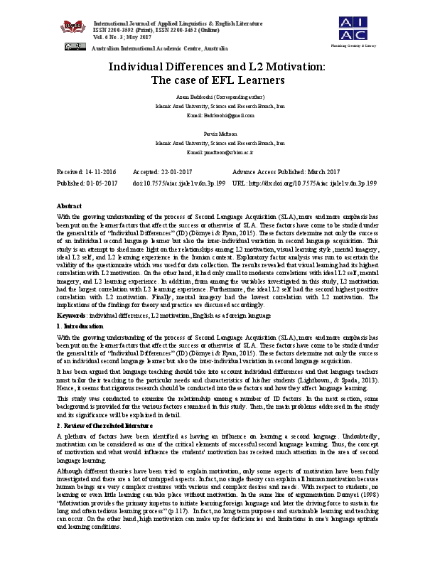 Pdf Individual Differences And L2 Motivation The Case Of Efl Learners