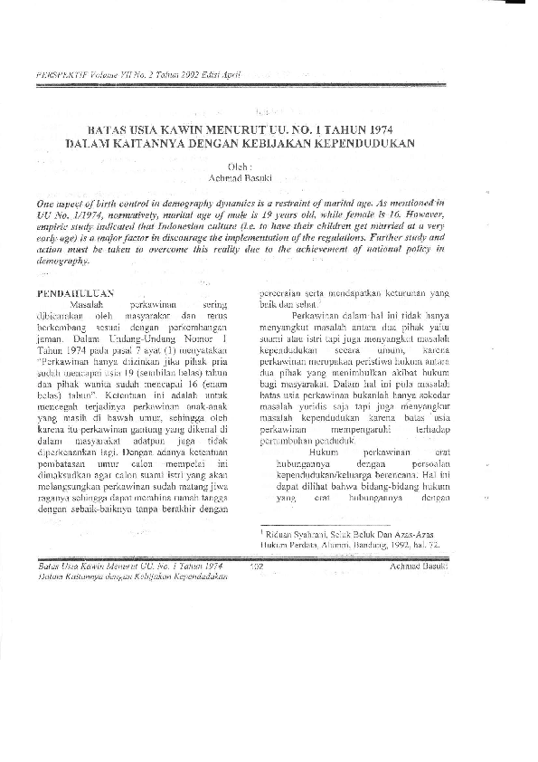 Pdf Batas Usia Kawin Menurut Uu No 1 Tahun 1974 Dalam Kaitannya