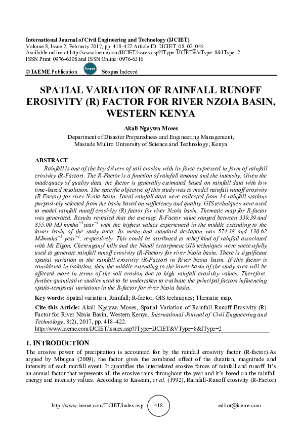 (PDF) SPATIAL VARIATION OF RAINFALL RUNOFF EROSIVITY (R) FACTOR FOR RIVER NZOIA BASIN, WESTERN ...