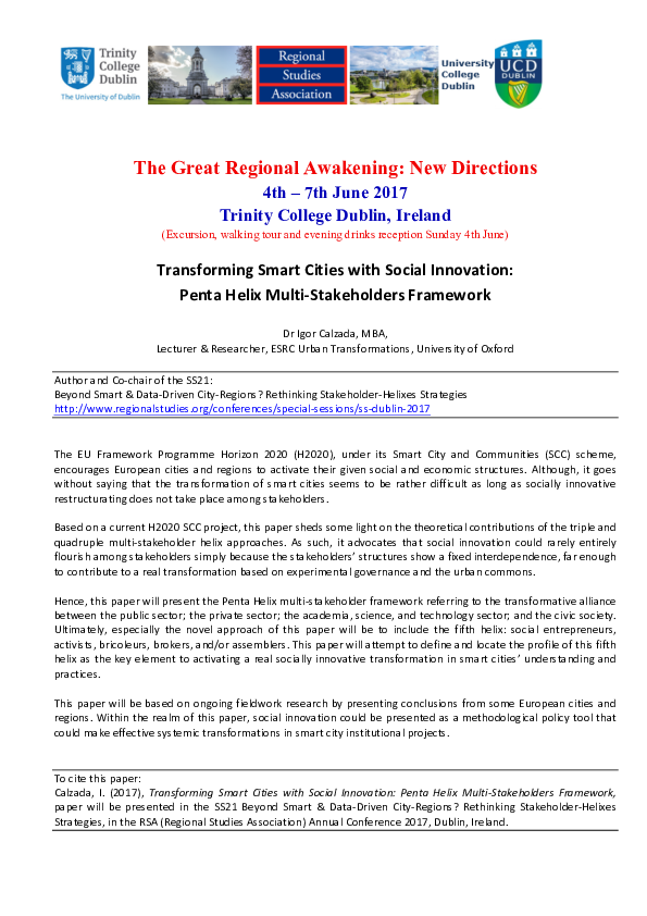 (PDF) Transforming Smart Cities with Social Innovation: Penta Helix ...