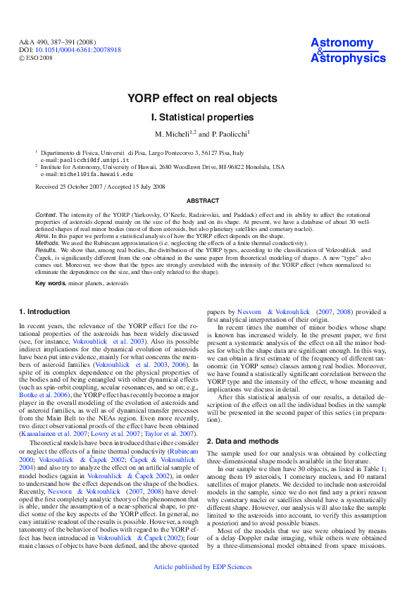 (PDF) YORP effect on real objects. I. Statistical properties