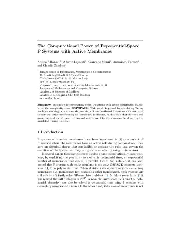 Pdf The Computational Power Of Exponential Space P Systems With Active Membranes Giancarlo