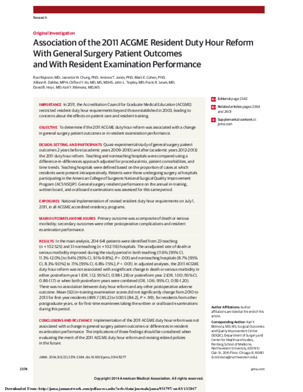 (PDF) Association of the 2011 ACGME resident duty hour reform with ...