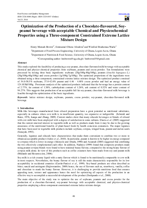 (PDF) Optimization of the Production of a Chocolate-flavoured, Soy-peanut beverage with ...