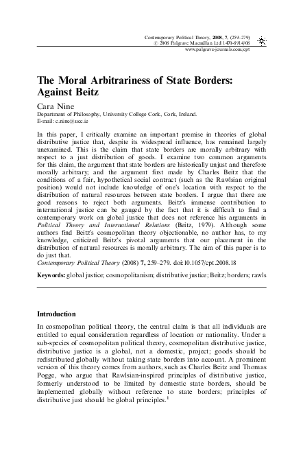 (PDF) The Moral Arbitrariness of State Borders: Against Beitz