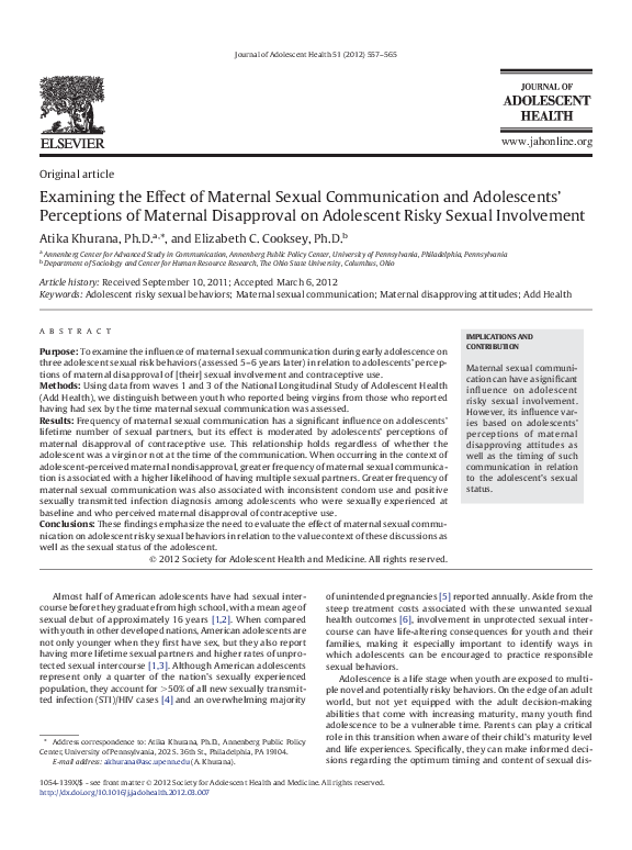 (PDF) Examining the Effect of Maternal Sexual Communication and Adolescents' Perceptions of ...