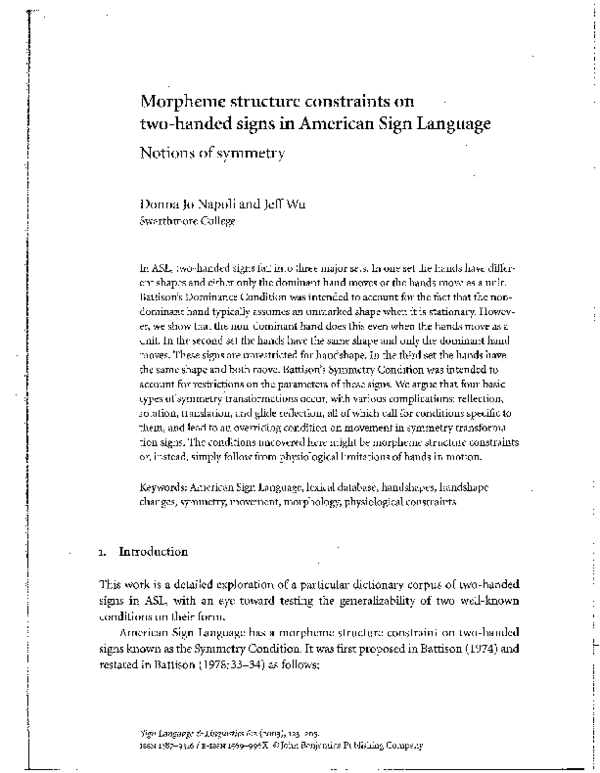 (PDF) Morpheme structure constraints on two-handed signs in American ...